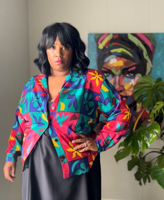 90s Chaus Colorful Pop Art Design Button Down Blouse … - Gem