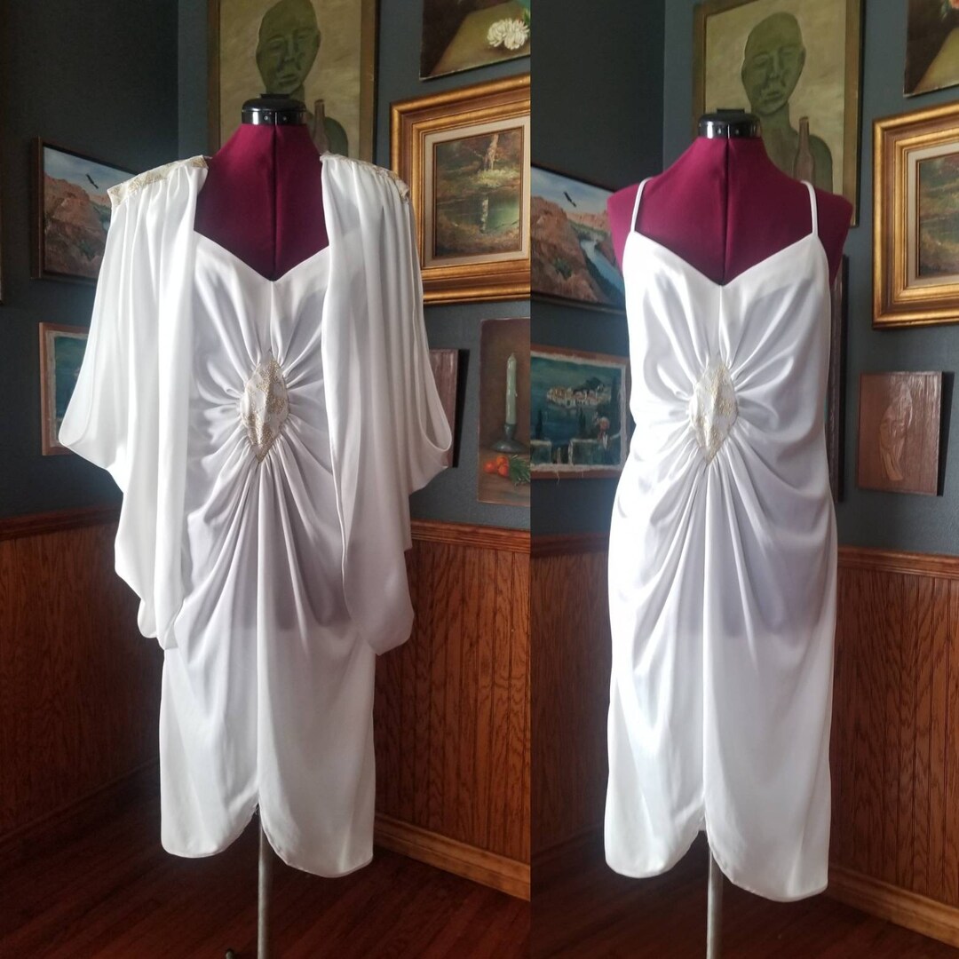 70s Draped White and Gold Sparkle Dress and Matching Jacket by Lady ...