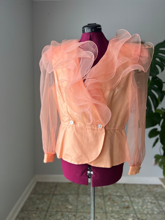 80s Nina Austin Peach Dramatic Sheer Ruffle Blouse - Gem