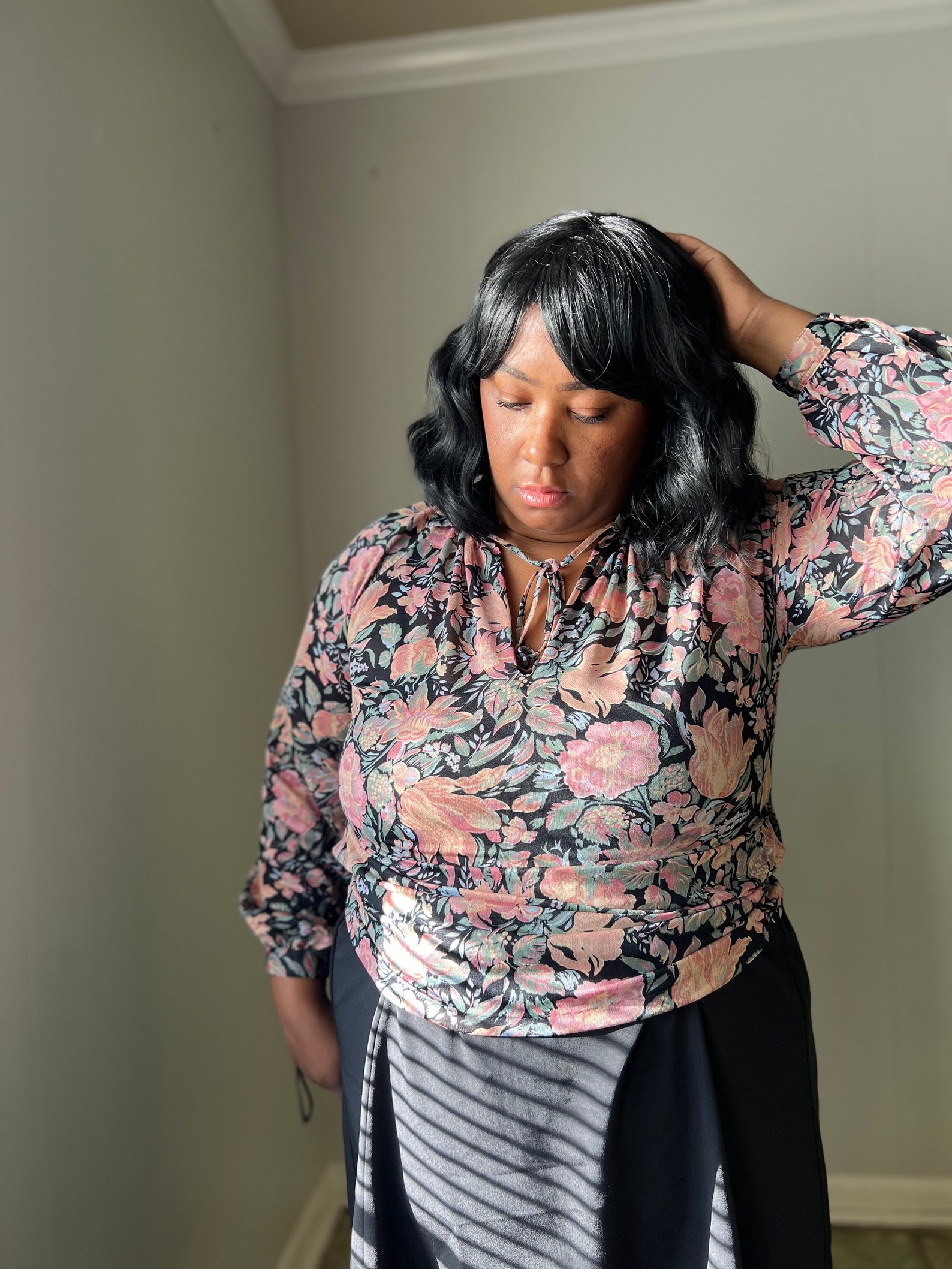 70s Plus Size Miss Fashionality Sheer Dark Floral Blouse - Black and ...