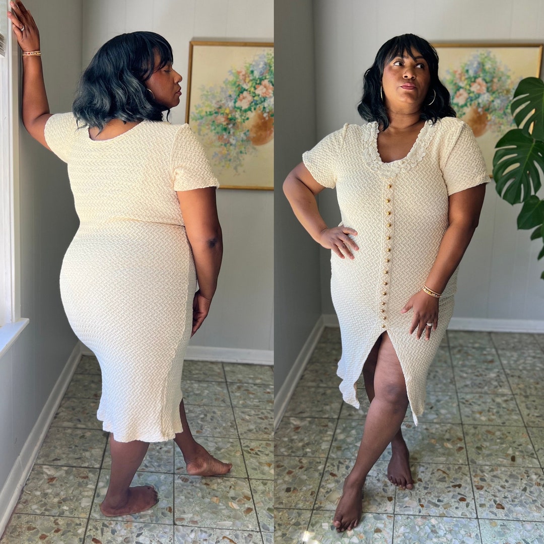90s Plus Size Miss California Apparel Tan Knit Dress With Floral Trim ...
