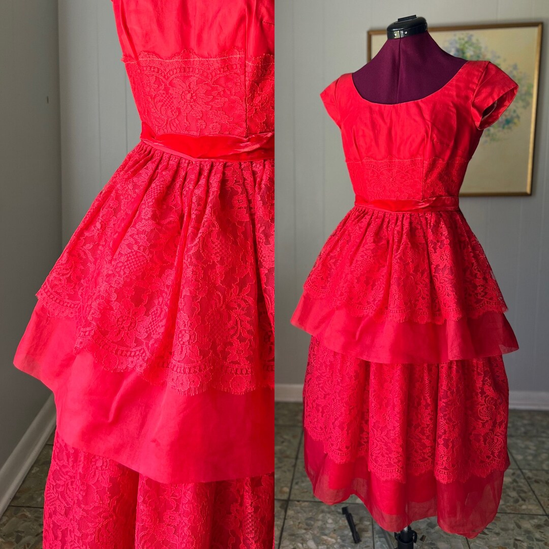 50s Red Tiered Lace Dress - Etsy