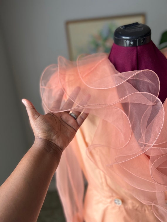 80s Nina Austin Peach Dramatic Sheer Ruffle Blouse - Gem