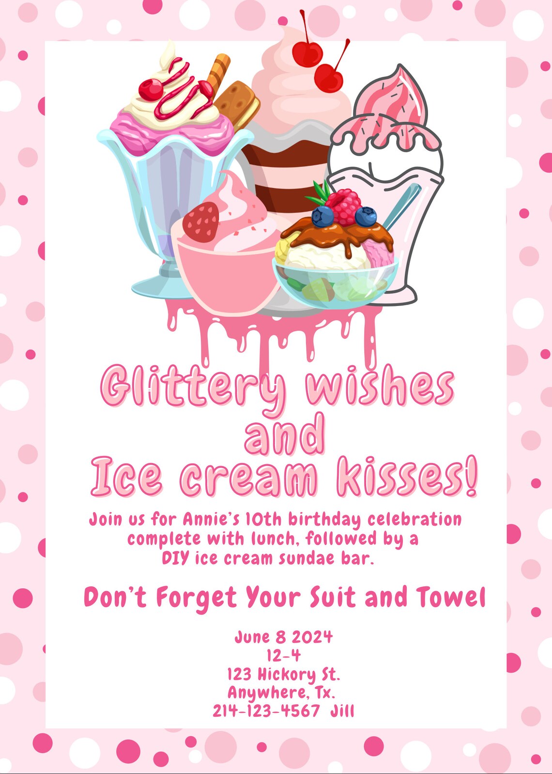 Swimming and DIY Sundae Bar Themed Birthday Party Kids Invitation ...