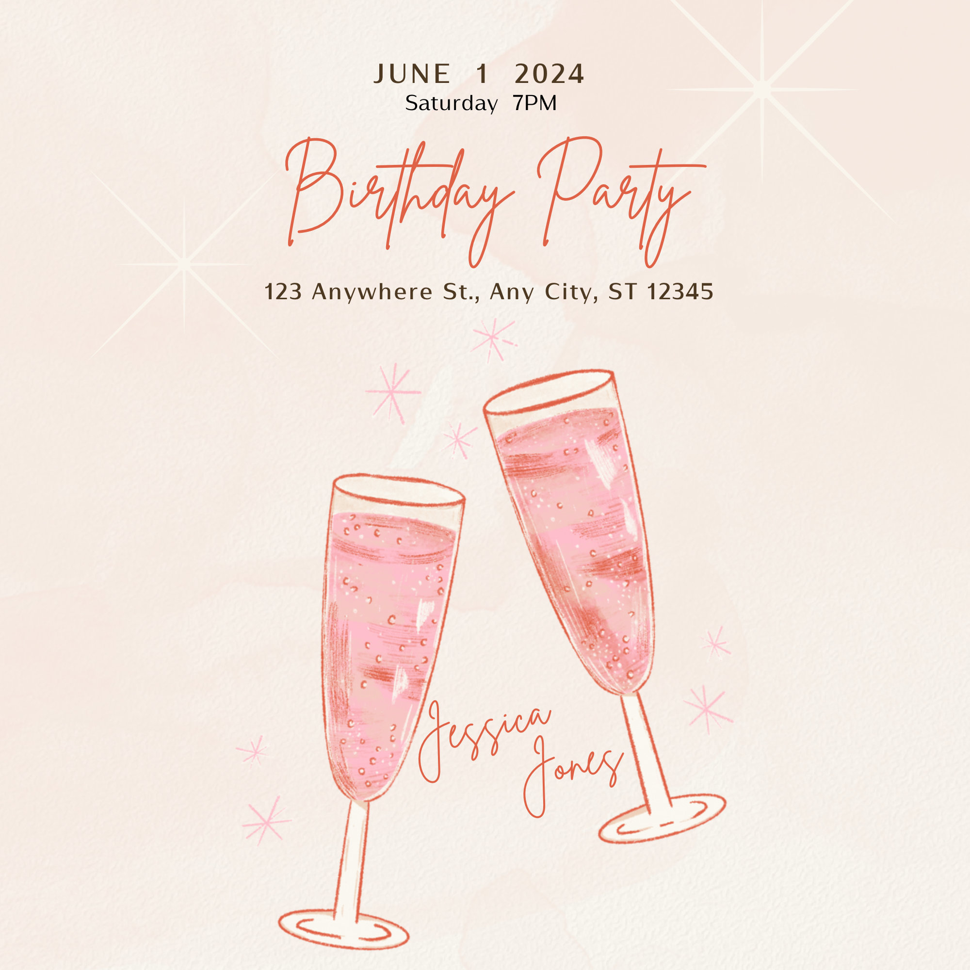 Pink and Gold Birthday Card With Champagne Flutes, Feminine Birthday ...