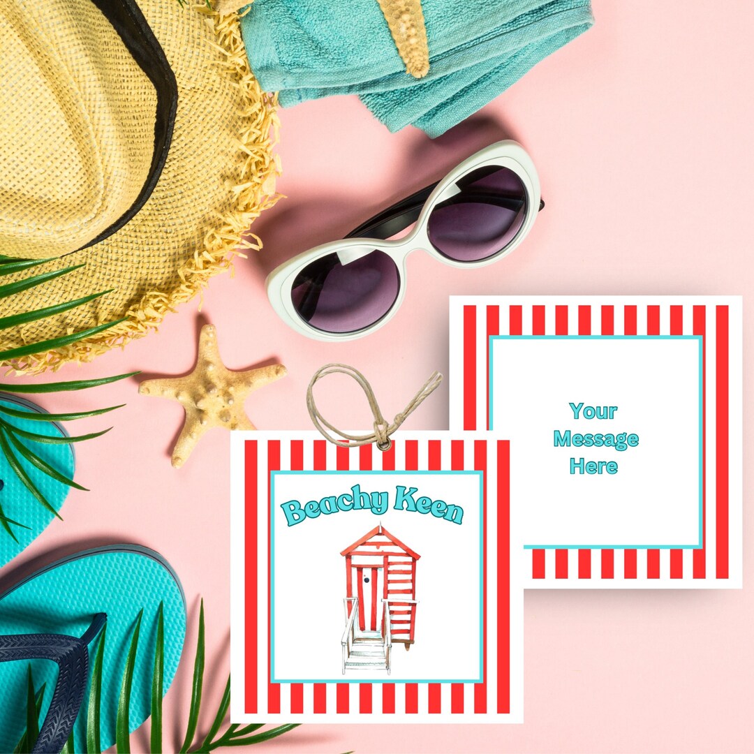 Beachy Keen Gift Tag, Beach Hut Design With Red and White Stripes ...