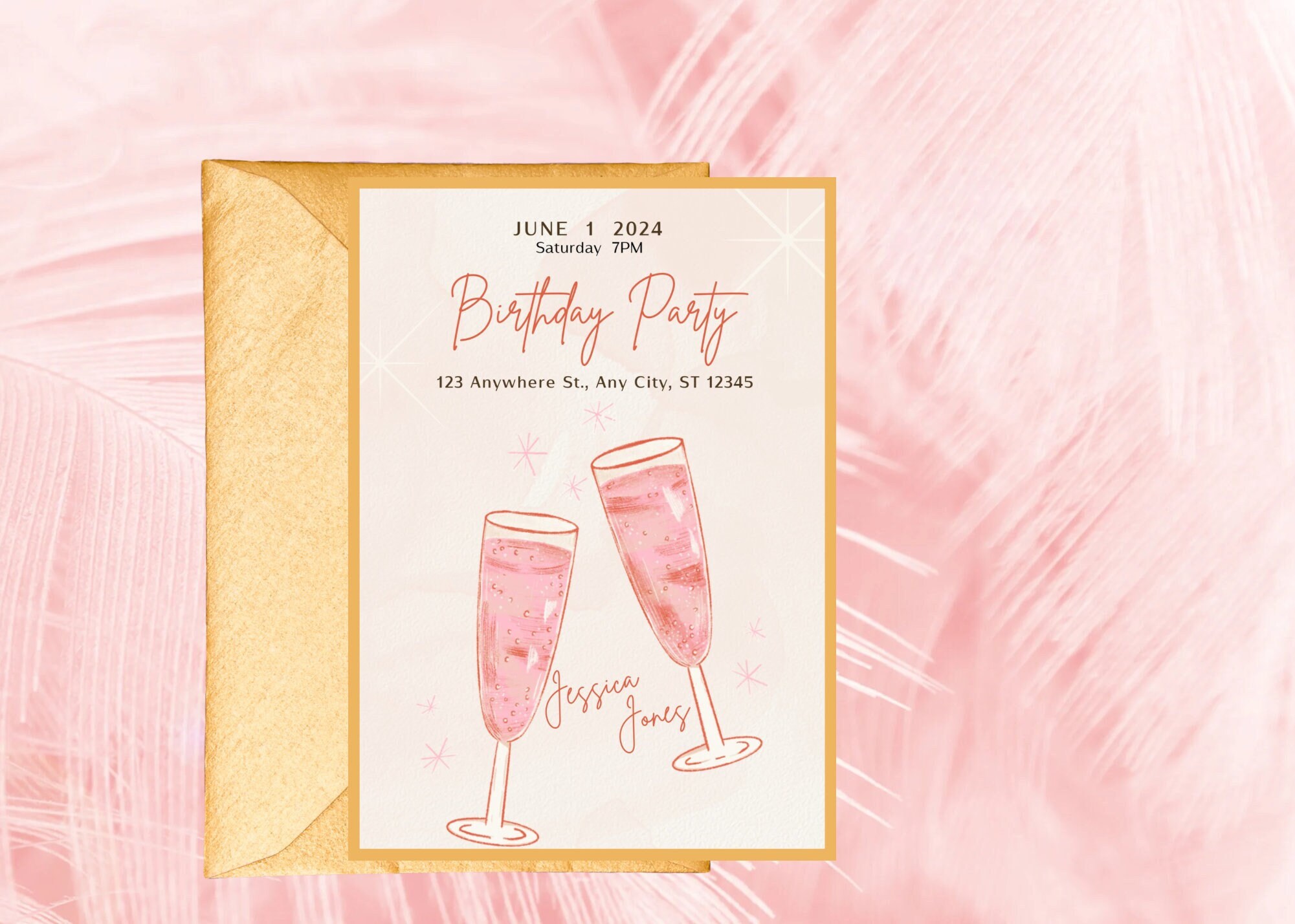 Pink and Gold Birthday Card With Champagne Flutes, Feminine Birthday ...