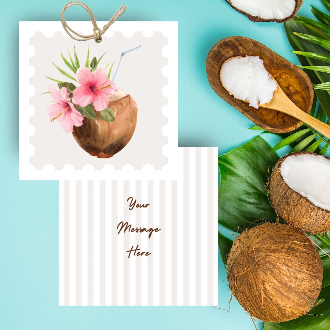 Tropical Coconut Drink and Hibiscus Flower Gift Tag-watercolor Beach ...