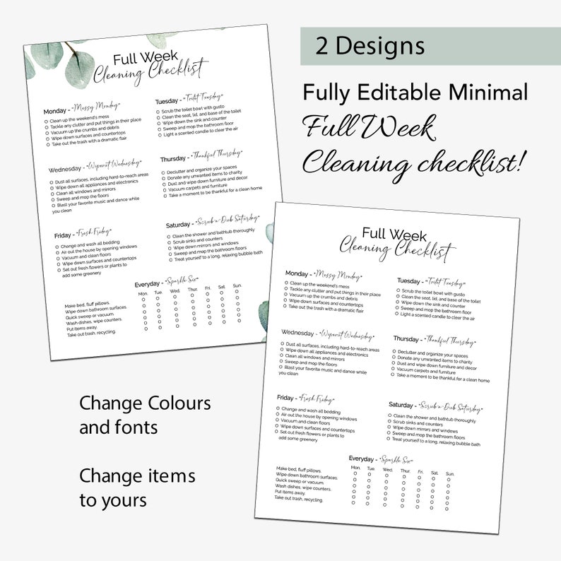 Editable Weekly ADHD Cleaning Checklist, Printable Cleaning to Do List ...