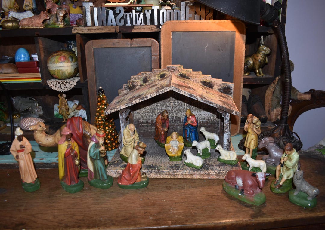 Vintage Holland Nativity and Creche / Shabby Christmas Plaster Nativity ...