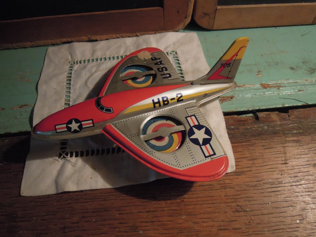 Vintage Tin Toy Friction Plane / USAF Jet Toy Plane / Tin Fighter Jet ...