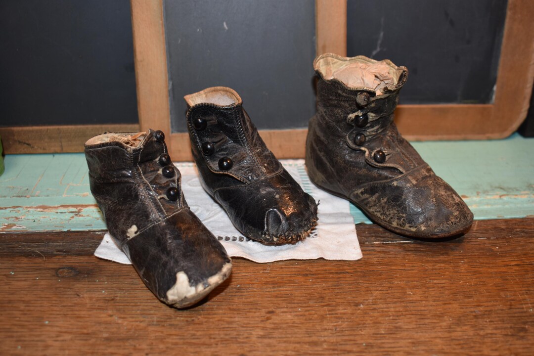 Antique Victorian Black Leather Button up Shoes / Three Black Leather ...