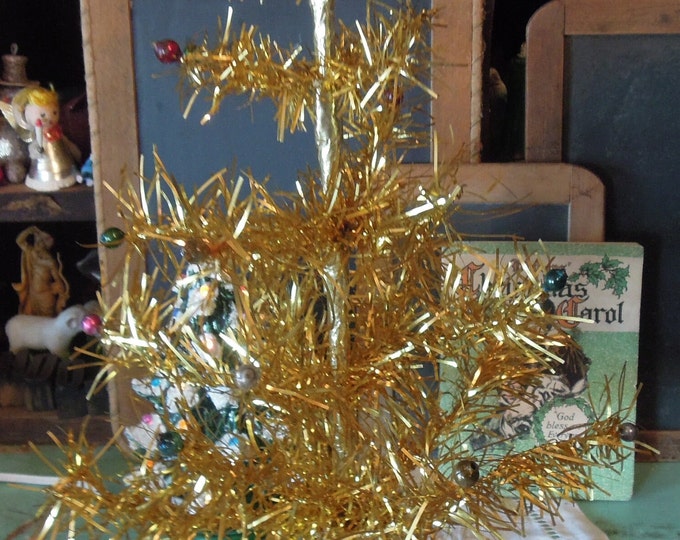 Vintage Christmas Tinsel Table Top Tree / Gold Tinsel Mercury Bead Tree ...