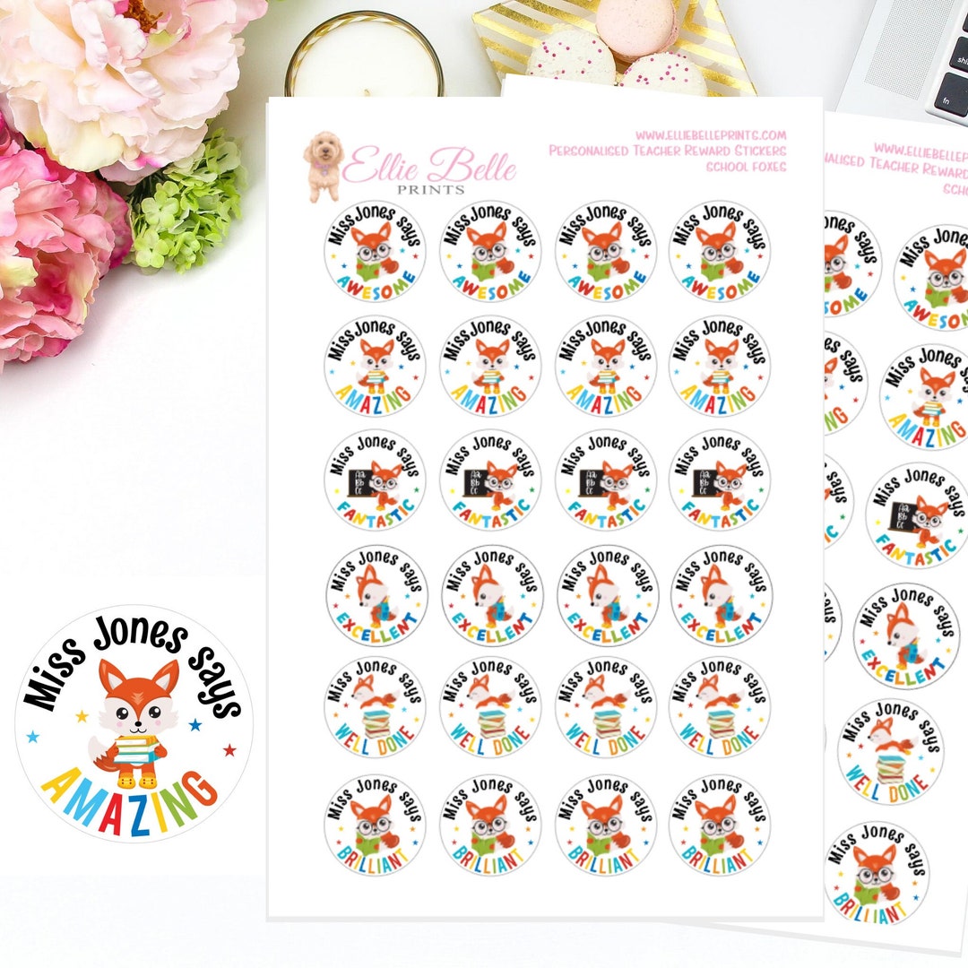 Personalised Teacher Stickers School Foxes Personalised Teacher Merit ...