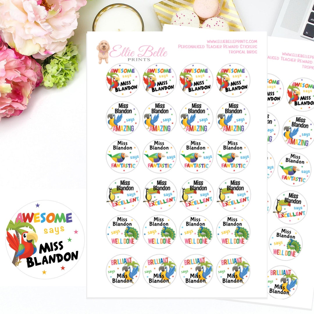 Personalised Teacher Stickers tropical Birds Personalised Teacher Merit ...