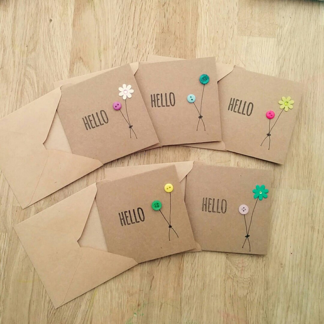 Pack of 5 Very Cute Handmade hello Cards With Button and Flower Ballons ...