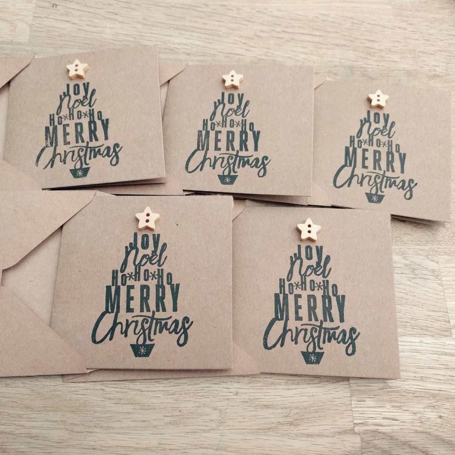 Pack of 5 Cute Hand Stamped Christmas Cards With Wooden Star Buttons ...