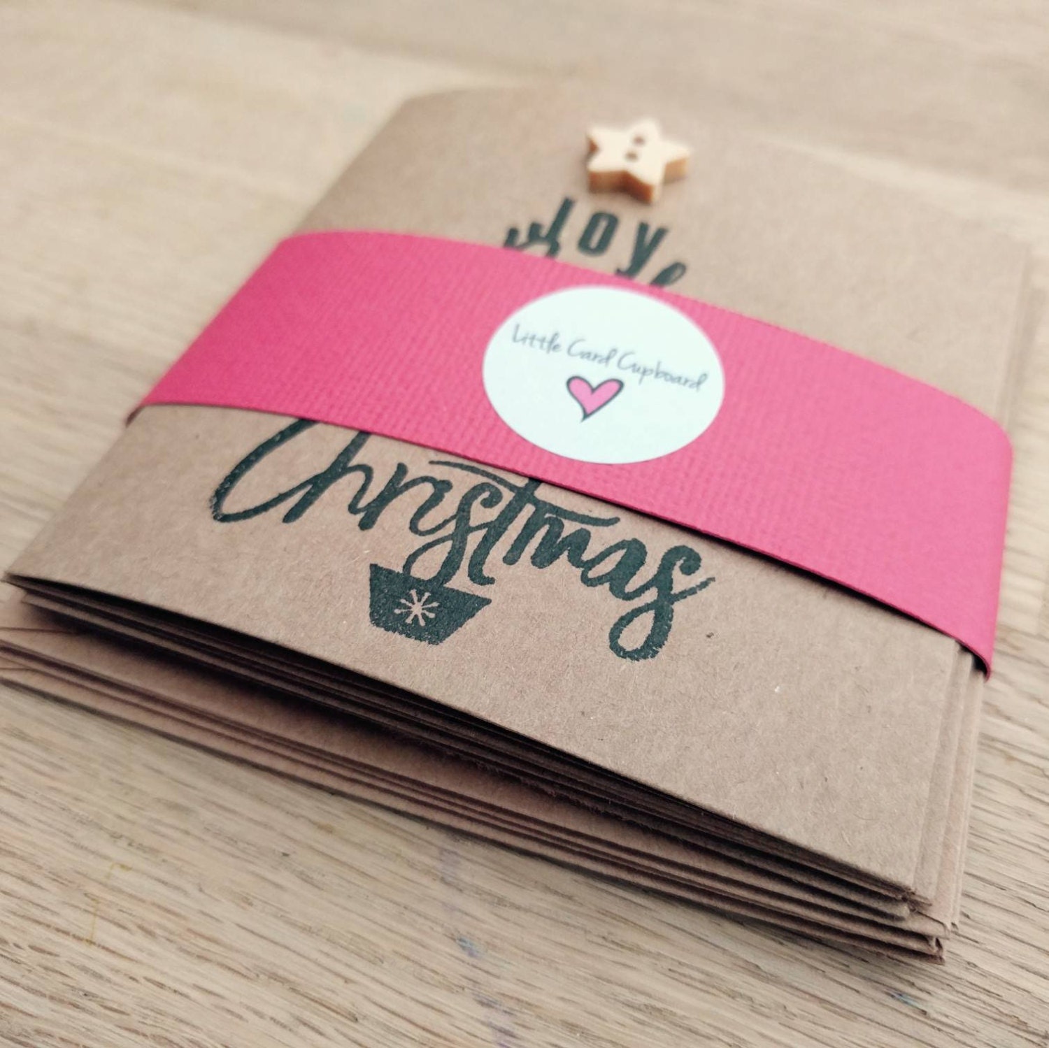 Pack of 5 Cute Hand Stamped Christmas Cards With Wooden Star Buttons ...