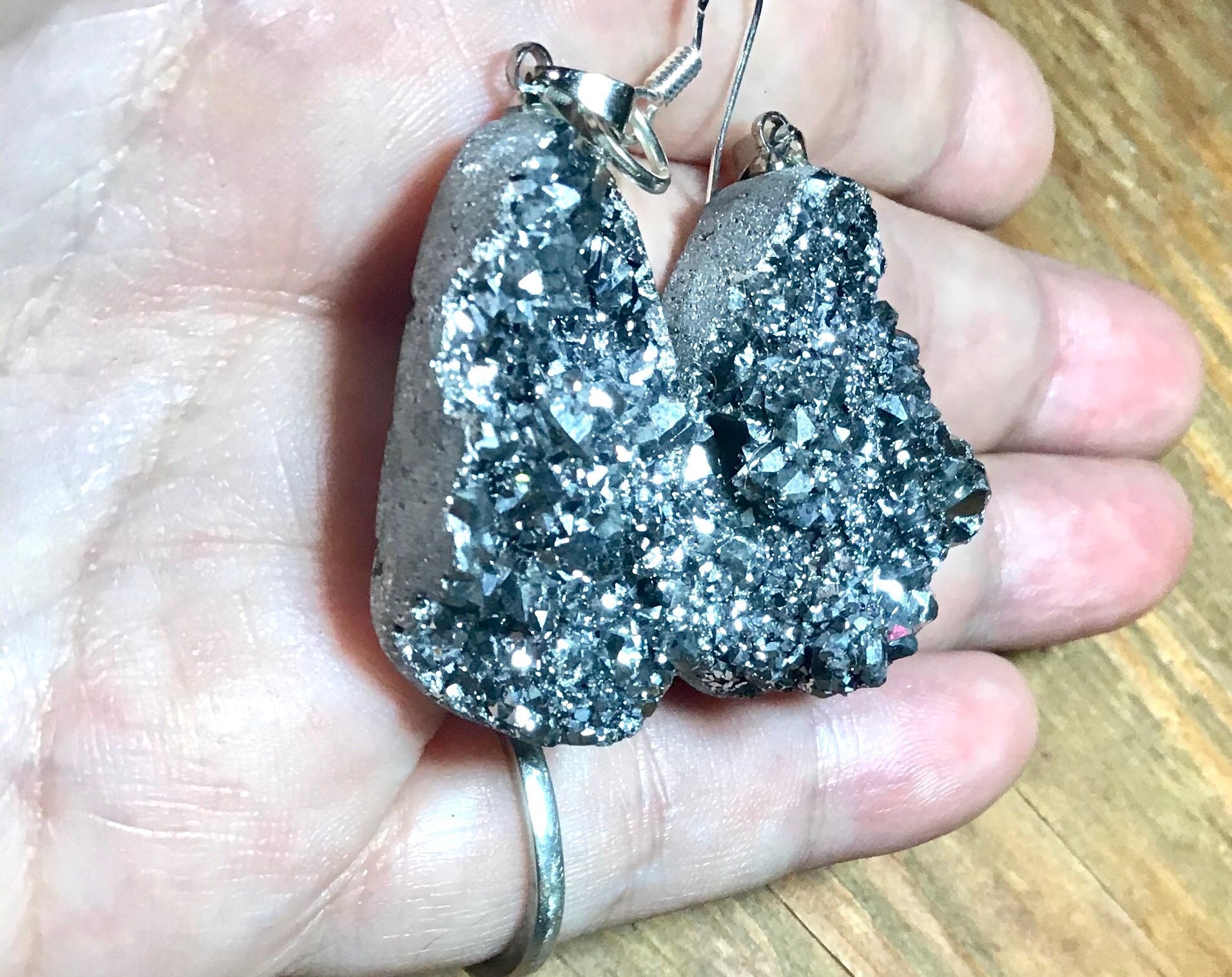 Real raw silver quartz crystal geode earrings silver | Etsy