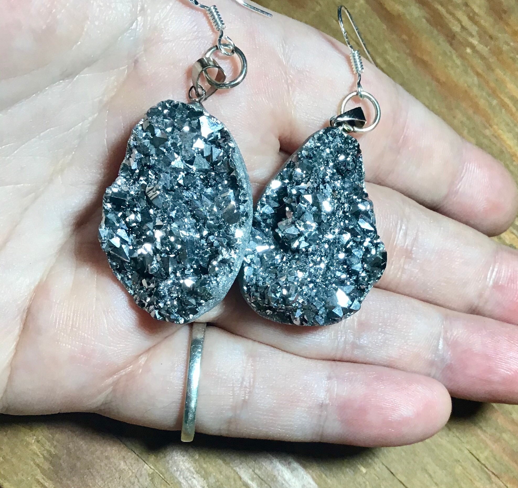 Real raw silver quartz crystal geode earrings silver | Etsy