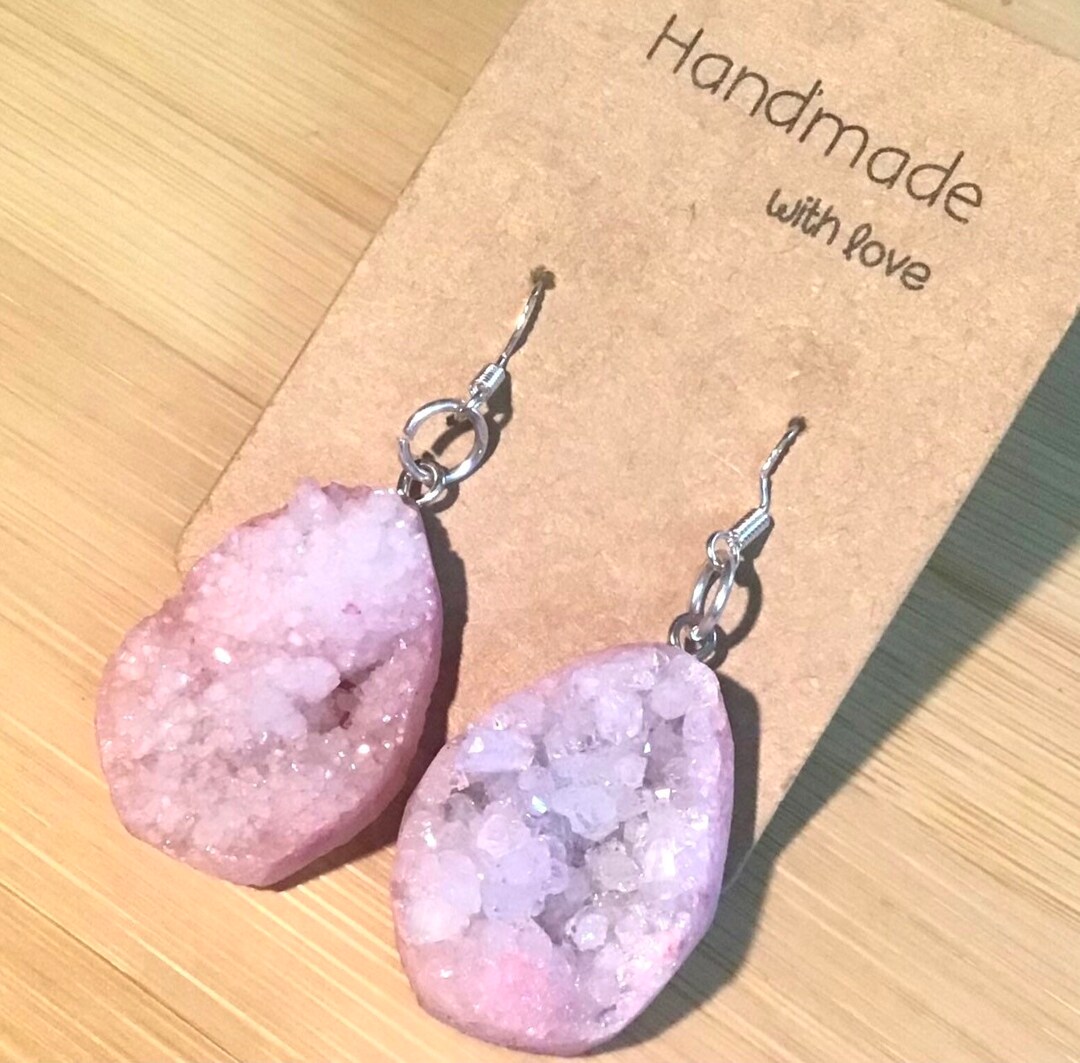 Real Highly Crystallized Rose Quartz Geode Pale Pink Statement Earrings ...
