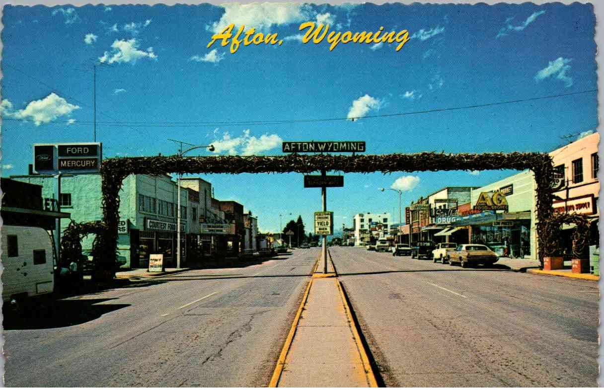 Afton, Wyoming - A View of Downtown - the Elk Horn Arch - in the 1950s ...