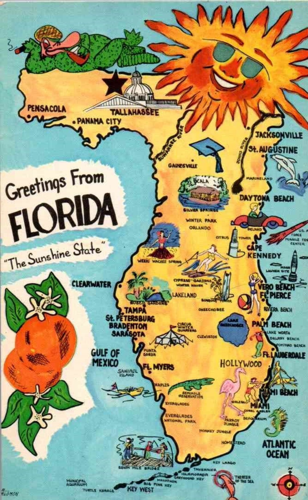 Greetings From Florida State Map the Sunshine State C1960 Vintage ...