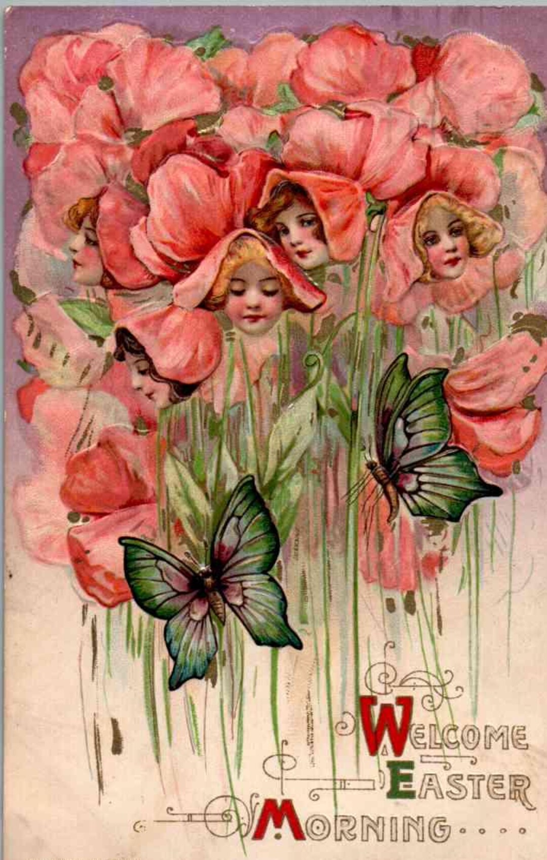 Welcome Easter Morning Flowers, Girls, Butterflies Embossed in 1911 ...