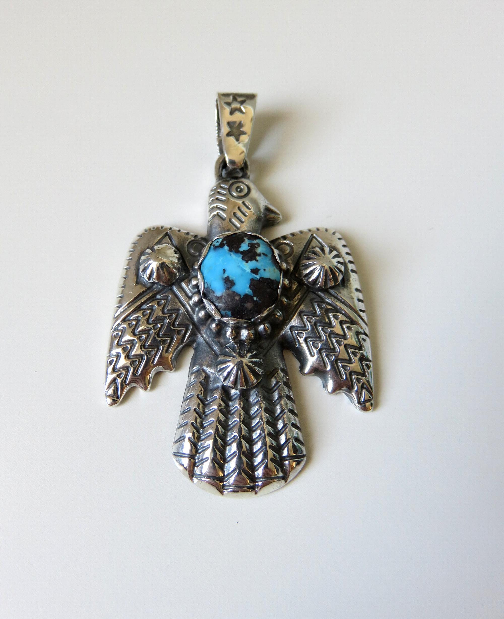 Solid Sterling Silver Large Navajo Thunderbird Turquoise Pendant by You ...