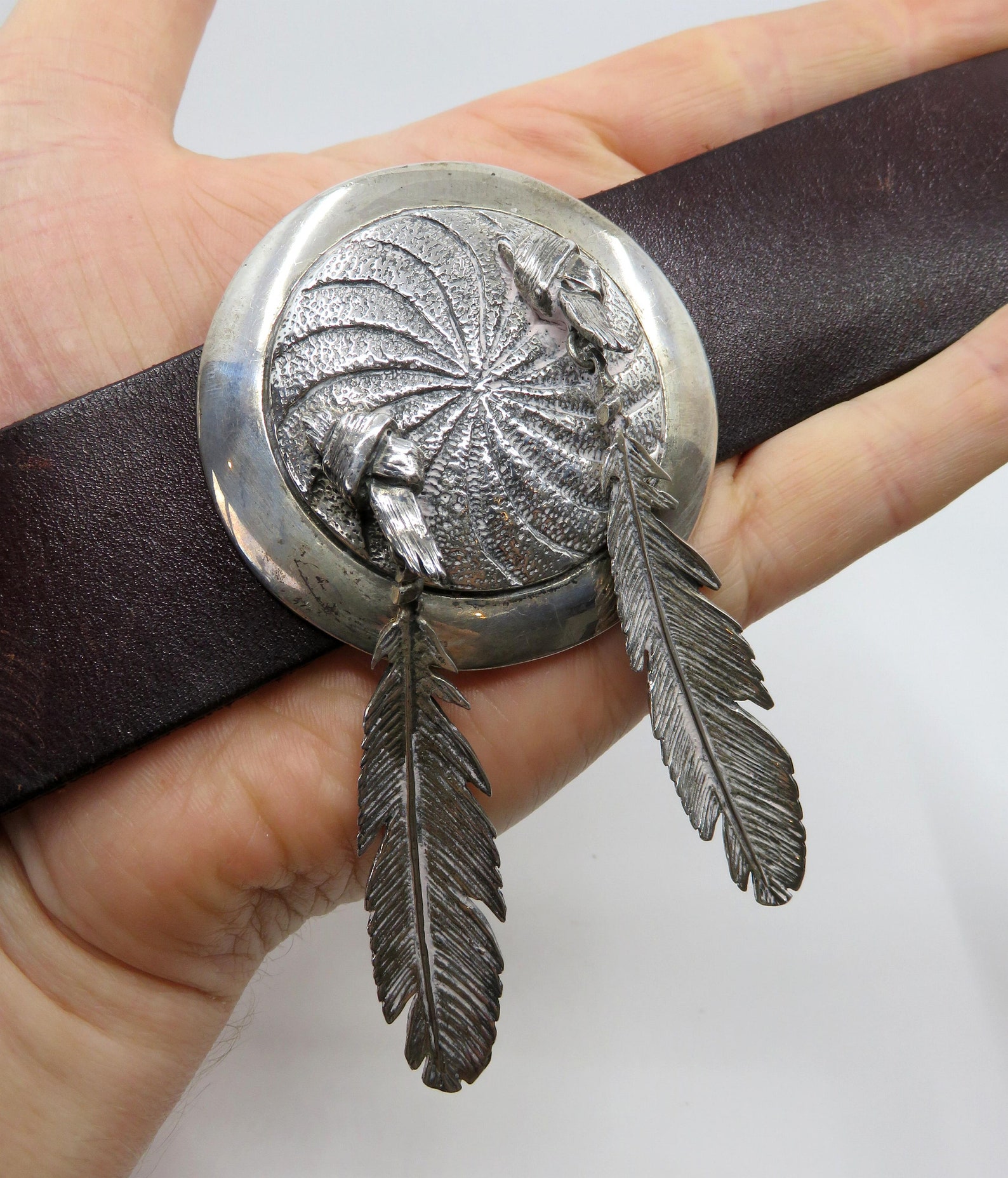 Vintage Navajo Sterling Silver Feather Concho Belt Buckle by Stan ...