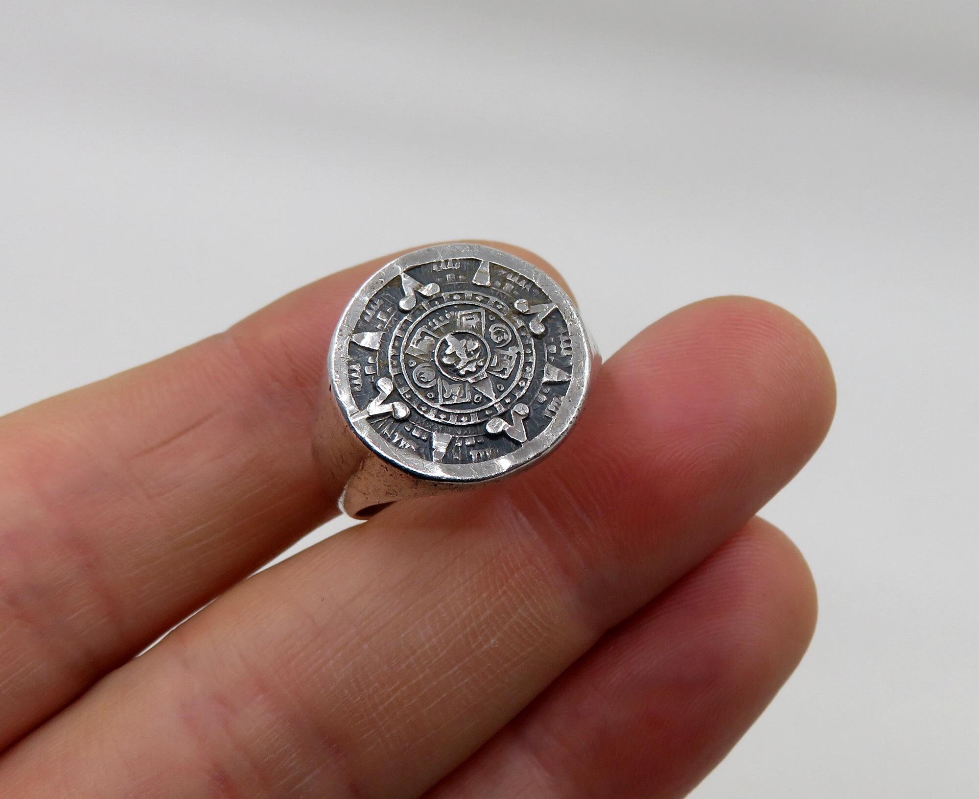 Vintage Sterling Silver Aztec Mayan Mexican Calendar Sun Signet Ring ...