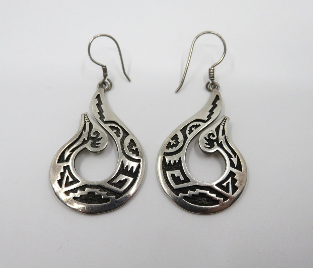 Vintage Sterling Silver Navajo Drop Hopi Zuni Overlay Earrings by JR ...