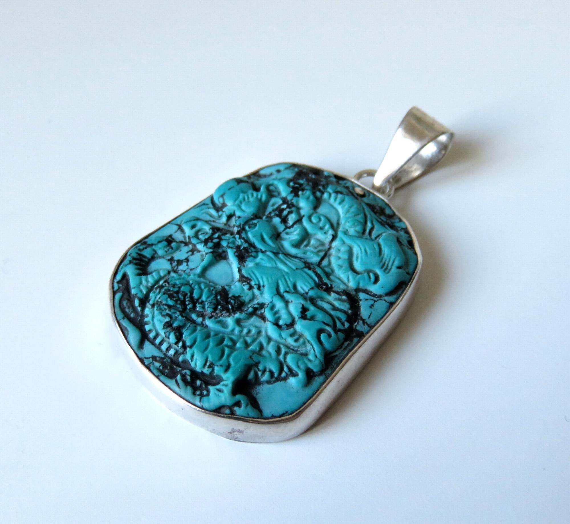 Vintage Sterling Silver Carved Dragon Turquoise Pendant 22 grams