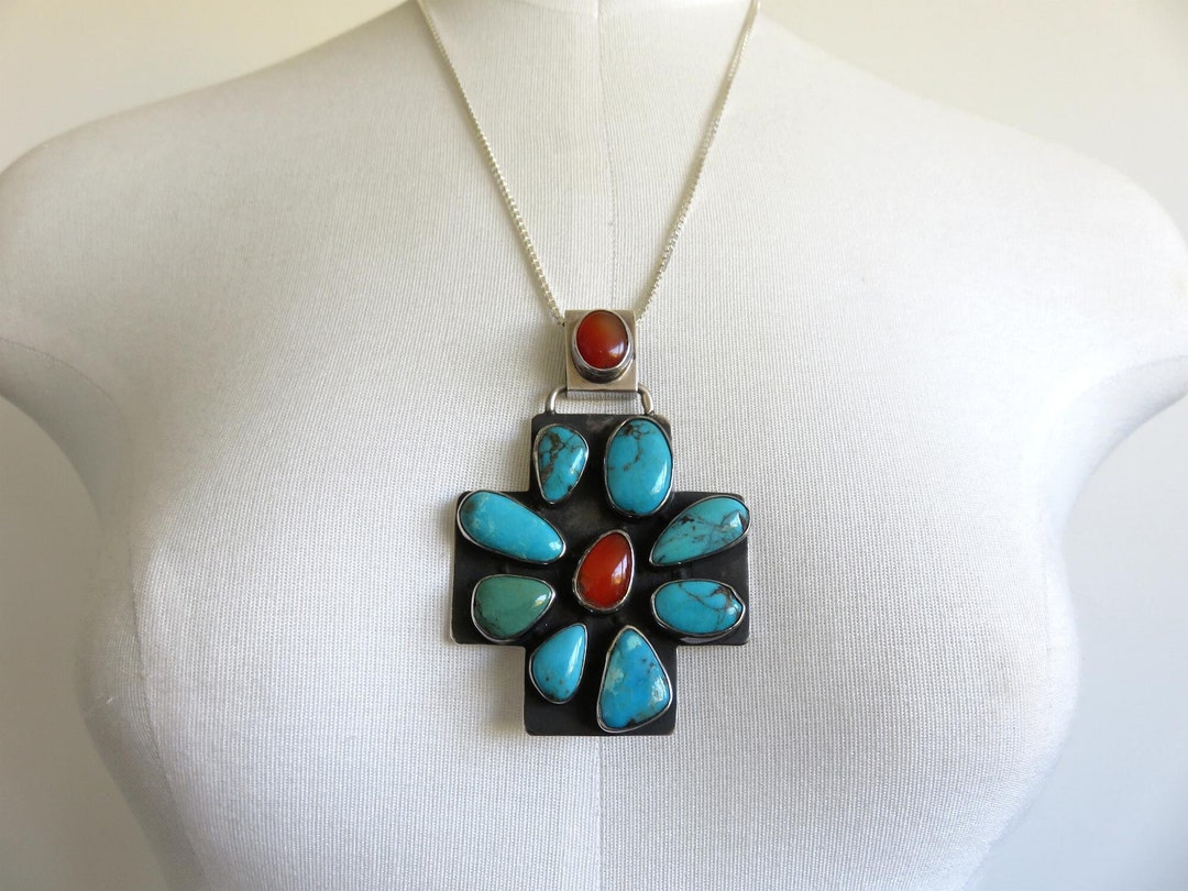 Vintage Huge Sterling Silver Turquoise Carnelian Navajo Cross Pendant ...