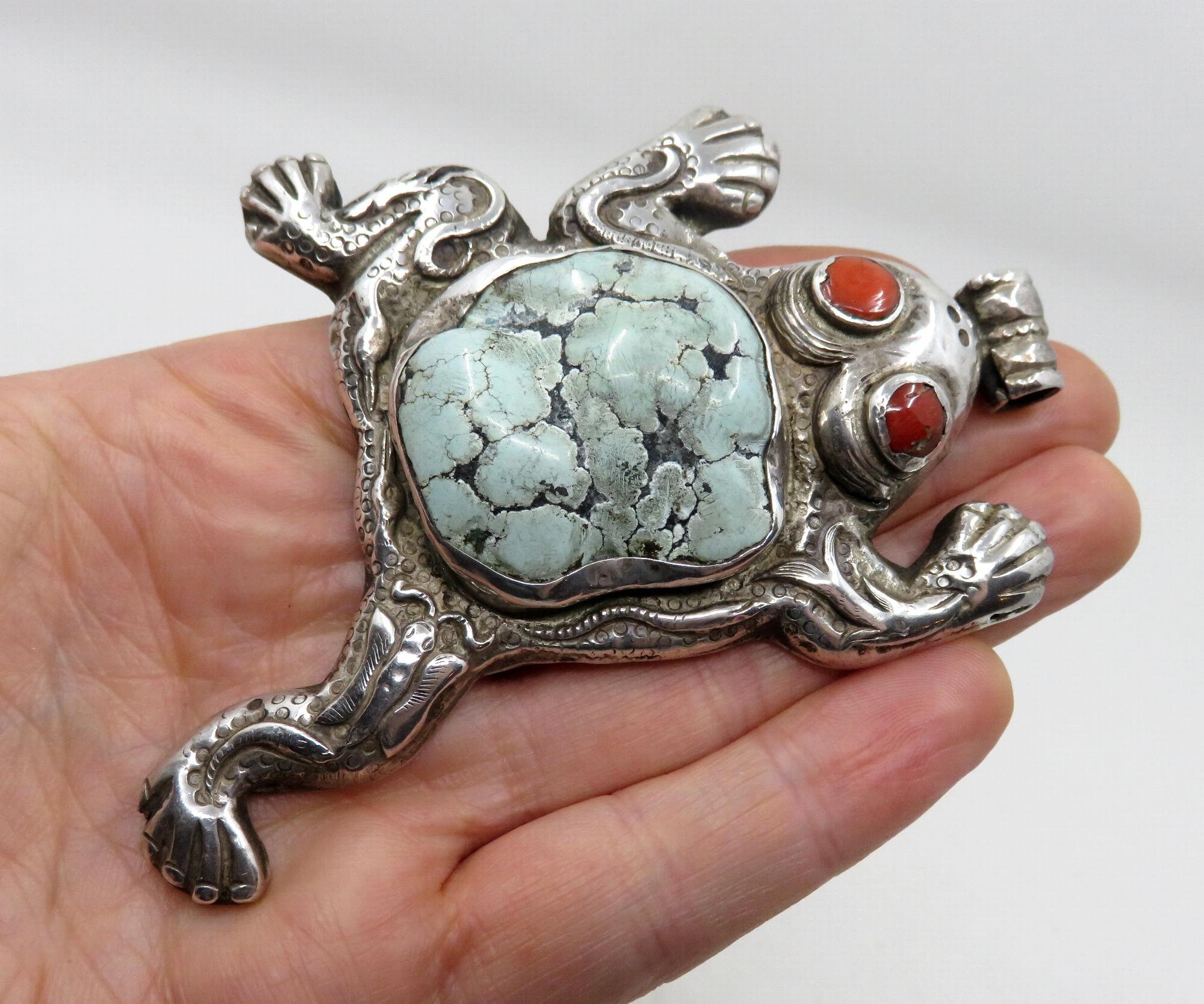Vintage Huge Sterling Silver Tibetan Turquoise Carnelian Tree Frog ...
