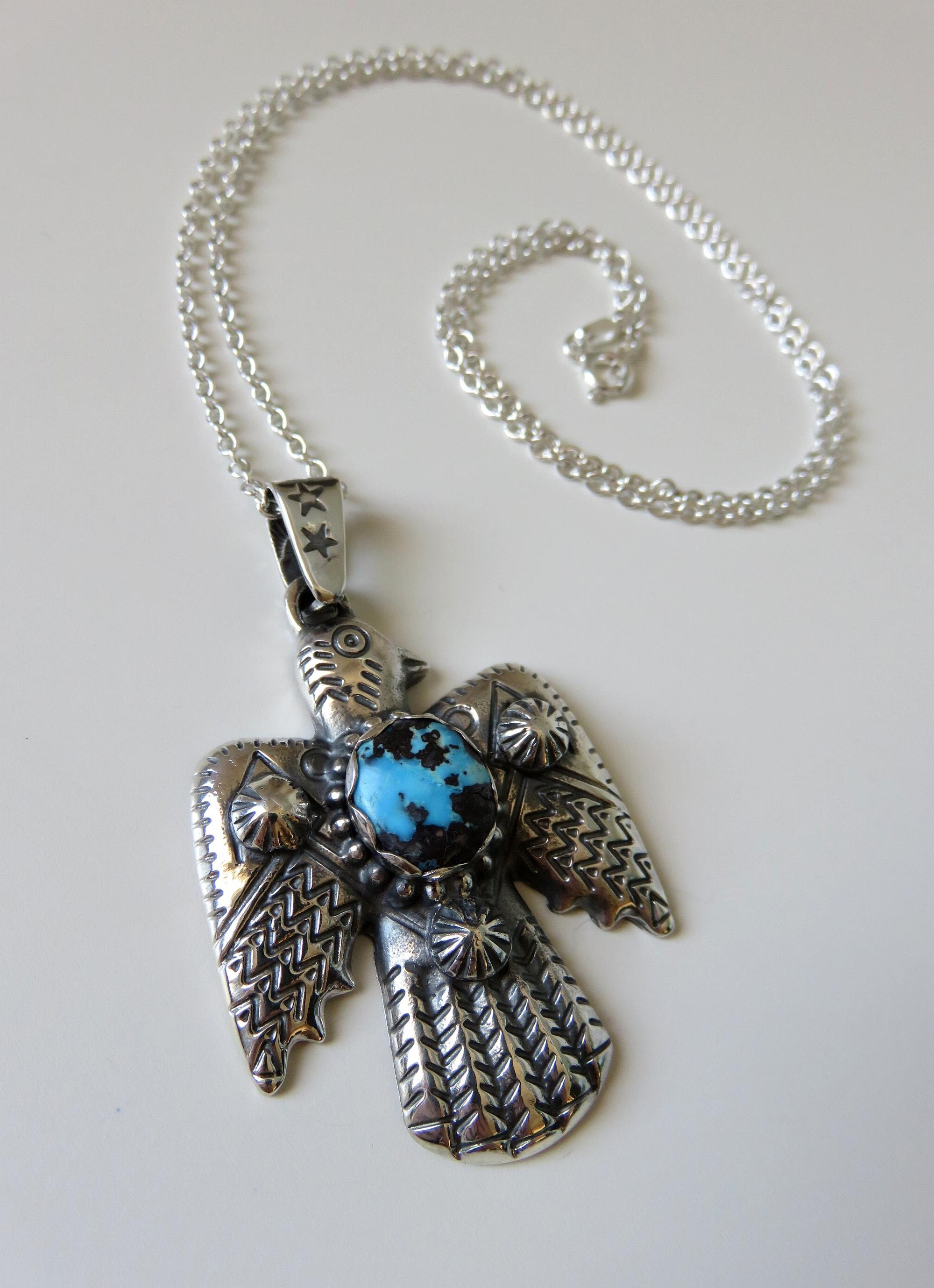 Solid Sterling Silver Large Navajo Thunderbird Turquoise Pendant by You ...