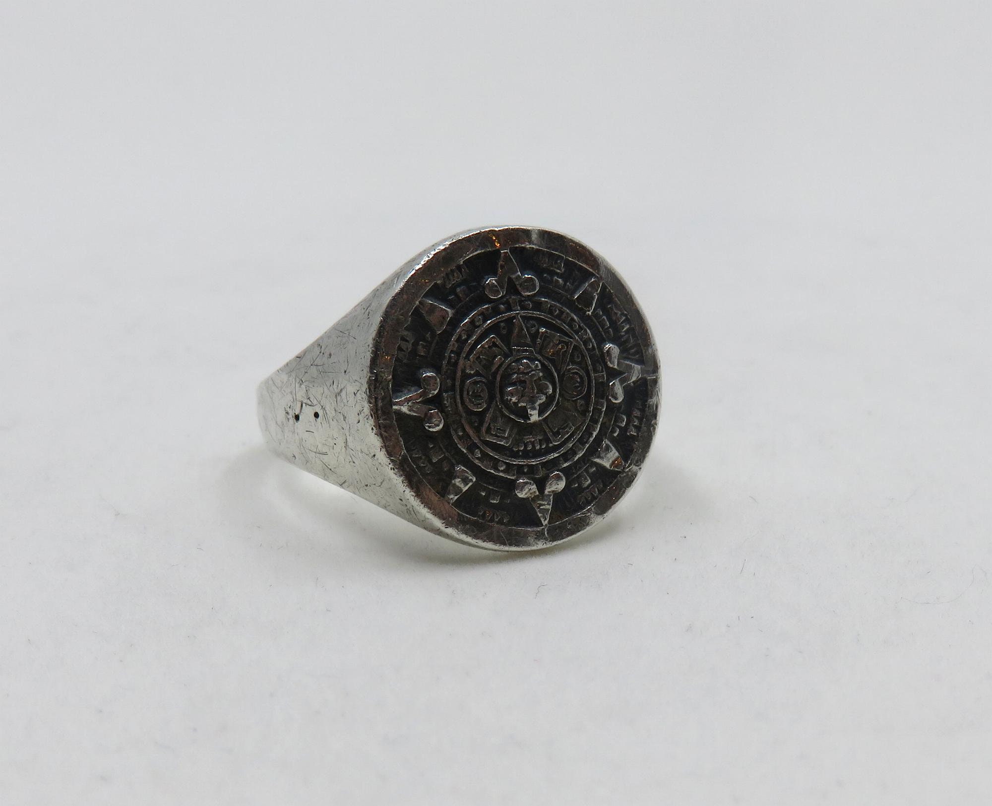 Vintage Sterling Silver Aztec Mayan Mexican Calendar Sun Signet Ring ...