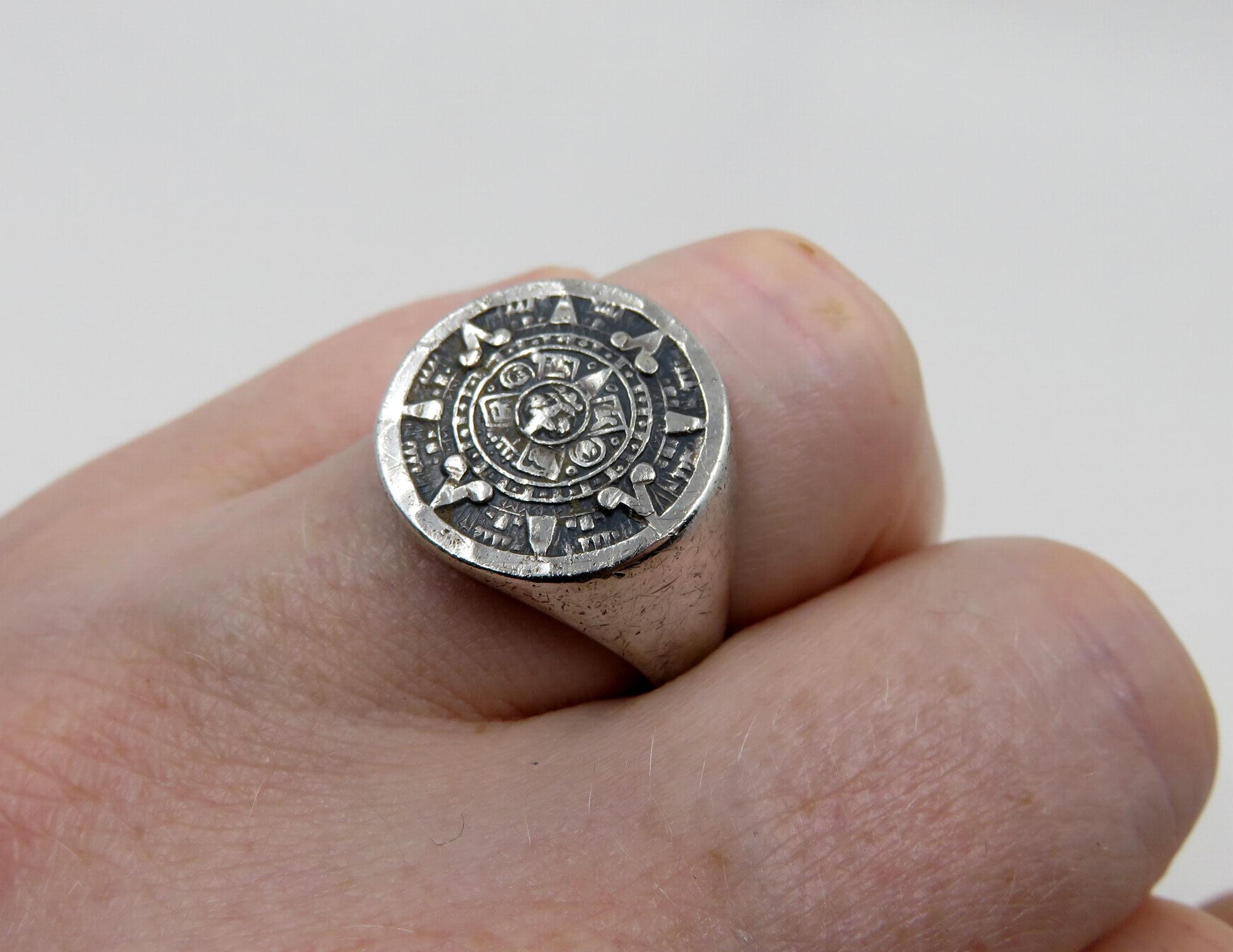 Vintage Sterling Silver Aztec Mayan Mexican Calendar Sun Signet Ring ...