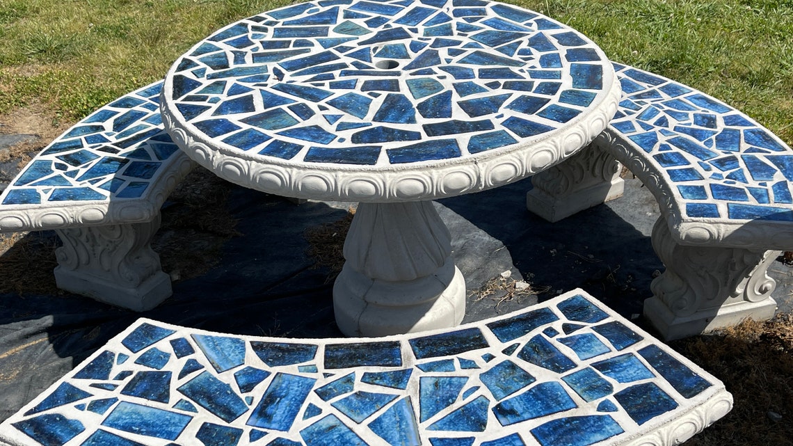 Mosaic Concrete Patio Table Set: 42" Round Outdoor Dining With Benches ...