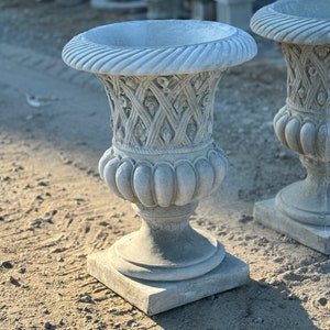 Pair Large Rosette Concrete Urns: Outdoor Patio Planters, Garden Urns ...
