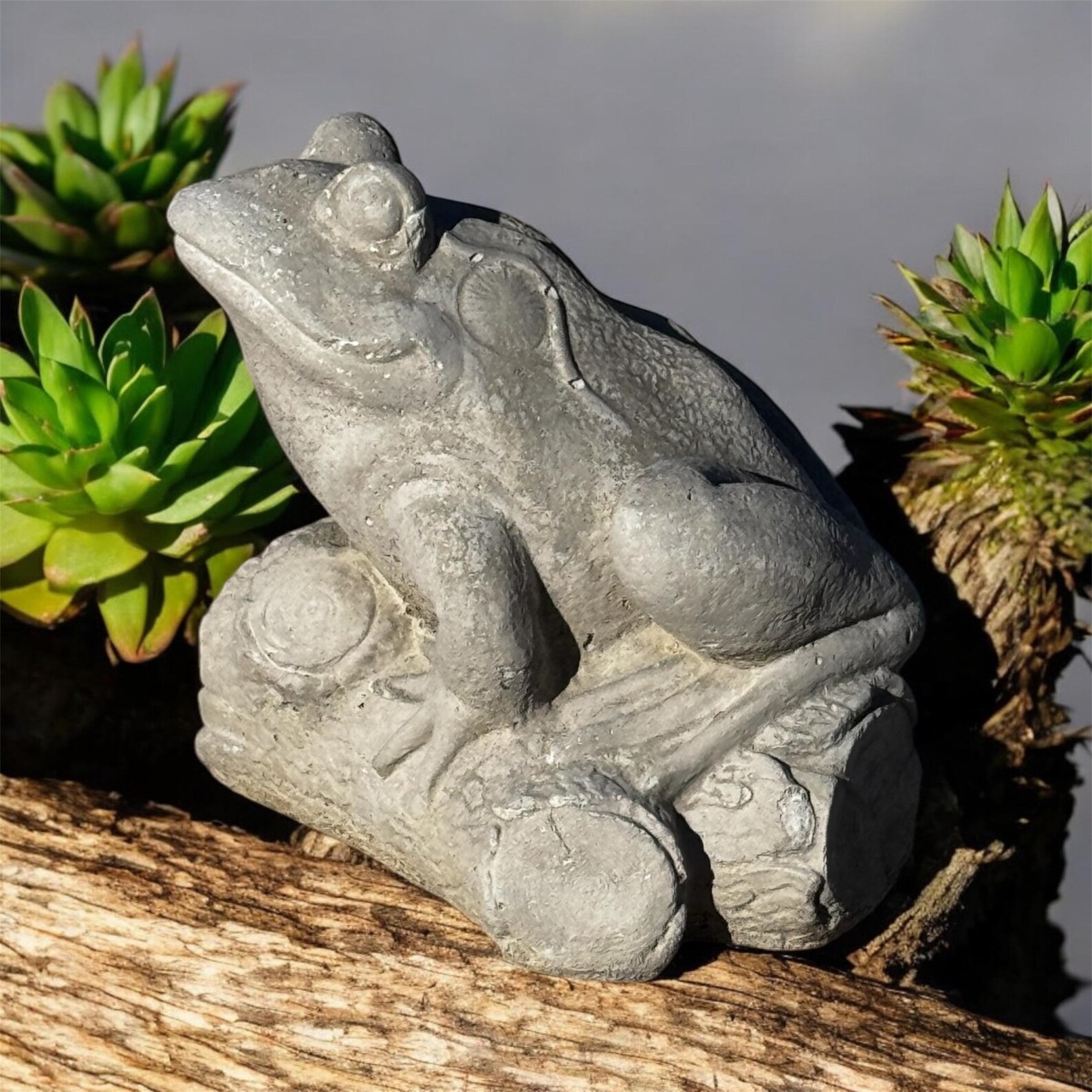 Cement Frog on Log Statue: Handmade Outdoor Patio Decor - Etsy