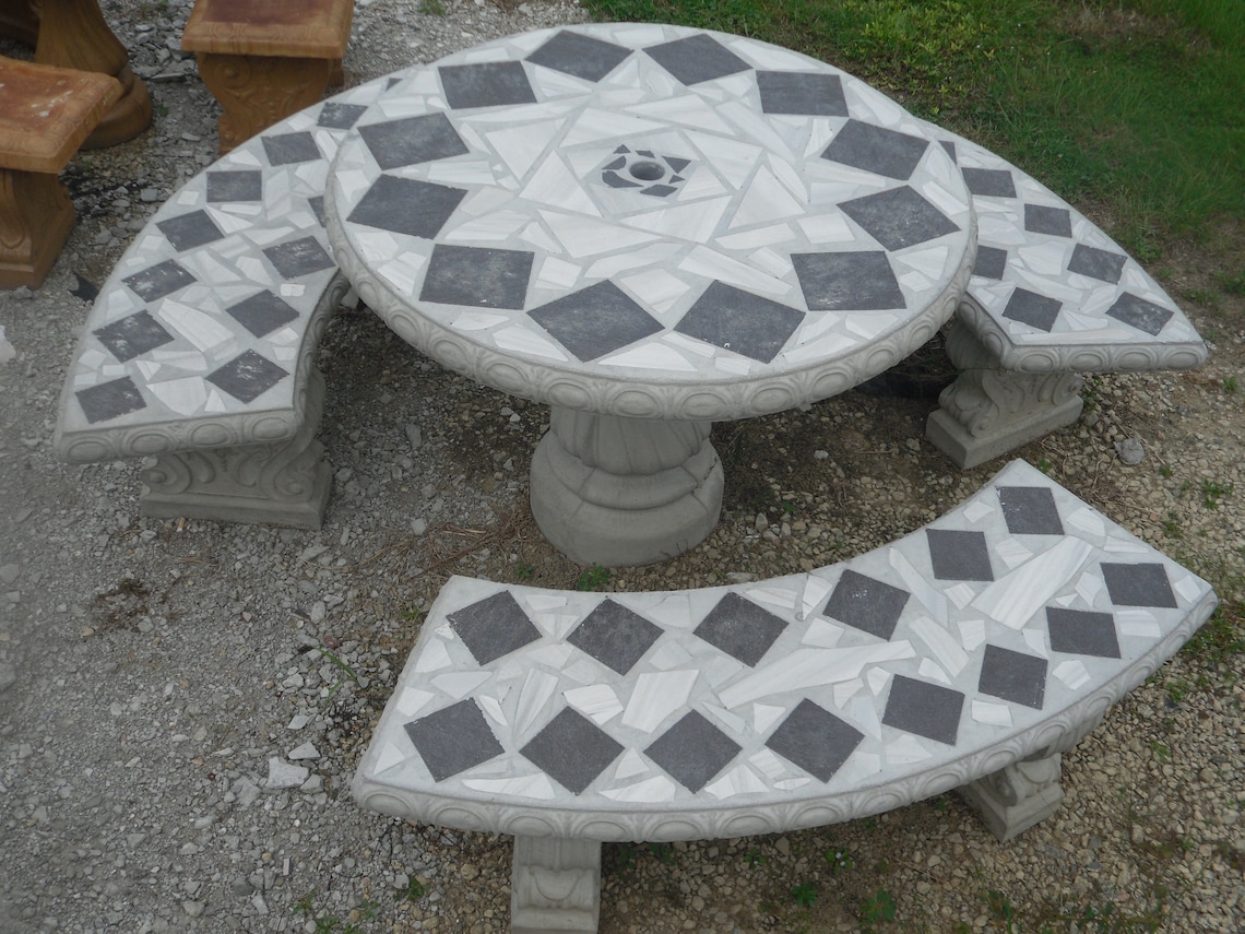 Concrete Patio Table Set: 42'' Round Tile Inlay Table With Benches - Etsy