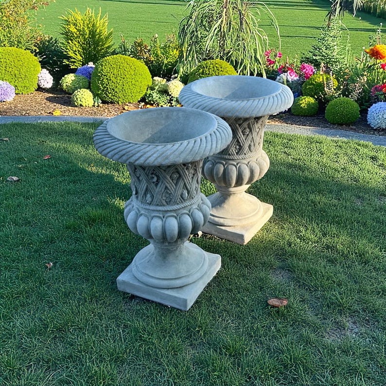 Pair Large Rosette Concrete Urns: Outdoor Patio Planters, Garden Urns ...