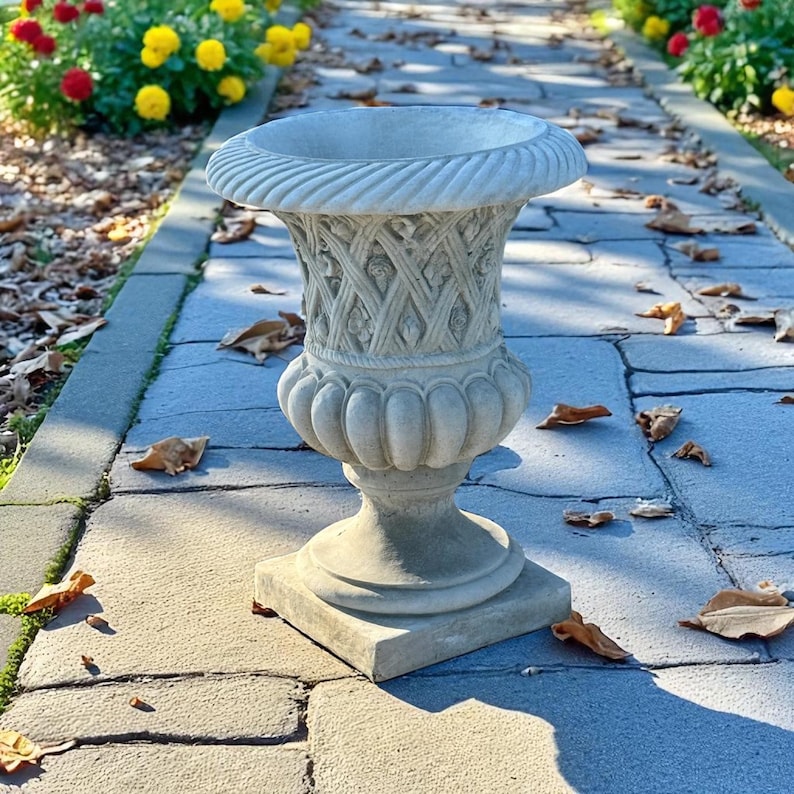Pair Large Rosette Concrete Urns: Outdoor Patio Planters, Garden Urns ...