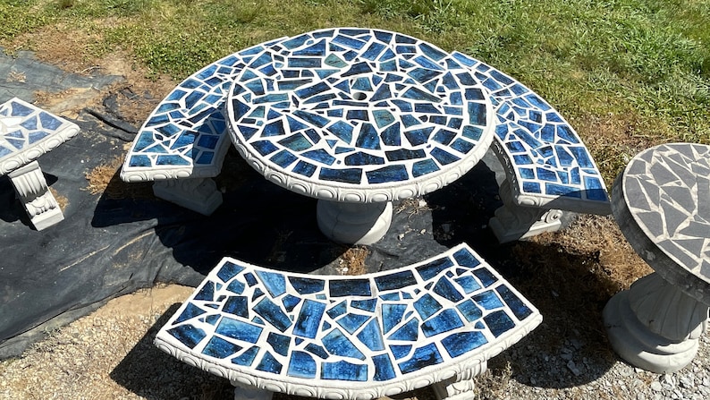 Mosaic Concrete Patio Table Set: 42" Round Outdoor Dining With Benches ...
