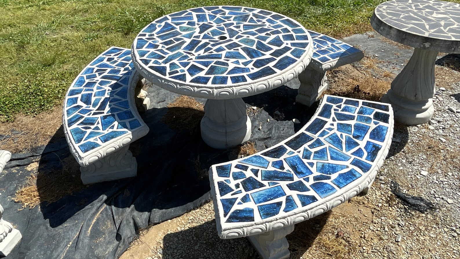 Mosaic Concrete Patio Table Set: 42" Round Outdoor Dining With Benches ...