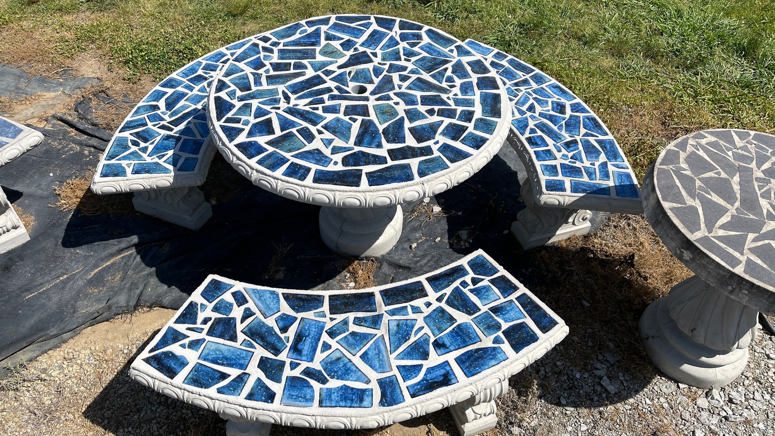 Mosaic Concrete Patio Table Set: 42" Round Outdoor Dining With Benches ...