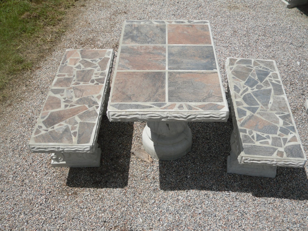 Concrete Patio Table Set With Tile Inlay & Benches - Etsy