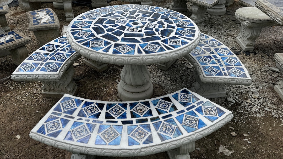 Concrete Patio Table Set: Aqua Blue Mosaic Tile, 42'' Round - Etsy