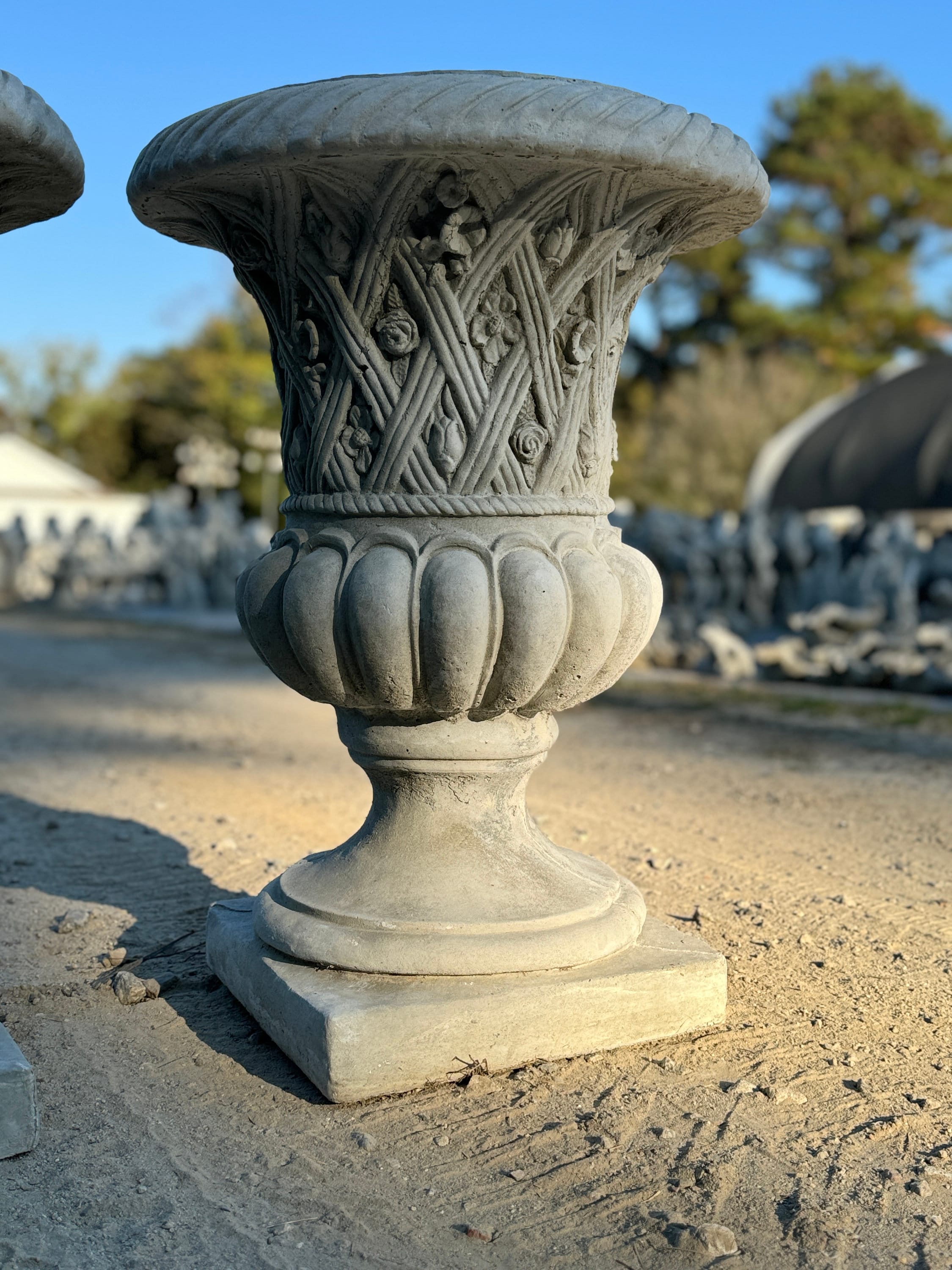 Pair Large Rosette Concrete Urns: Outdoor Patio Planters, Garden Urns ...